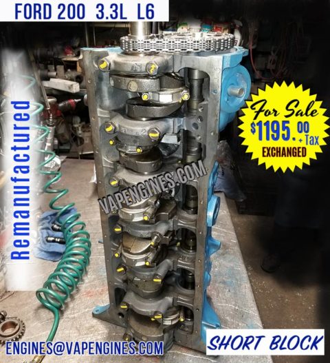 Remanufactured Ford 200 L6 Short Block Engine for Sale.